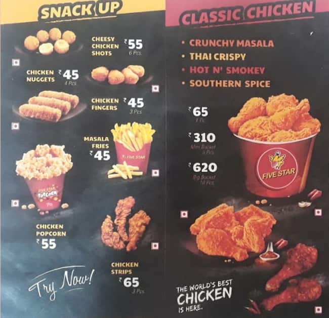 Menu at Five star chicken, Bengaluru, gate No 2