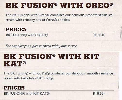 Menu at Burger King restaurant, Cape Town, Heerengracht St