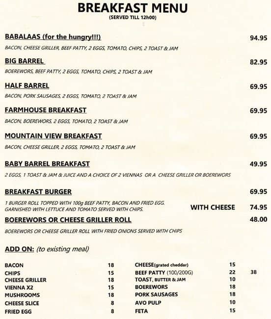 Menu at Big Barrel Pub and Stables Restaurant, Cape Town