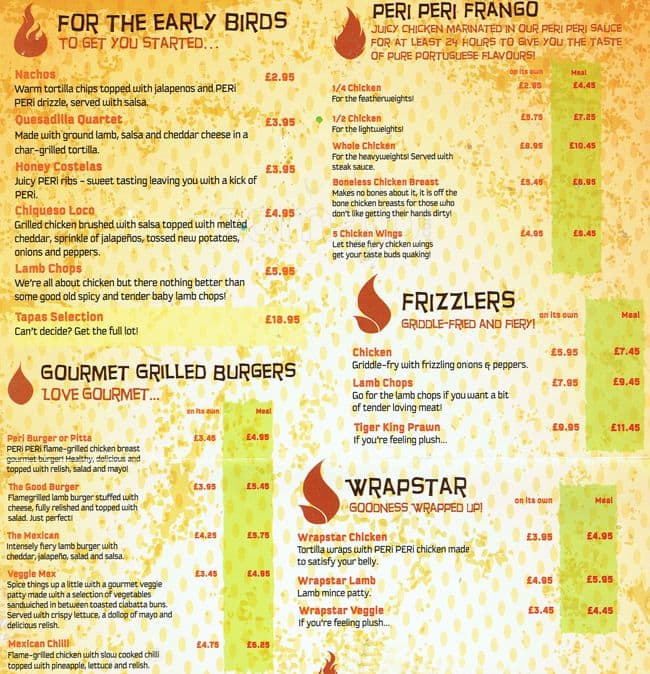 Menu at Peritos Express restaurant, Manchester, 123 Burton Road