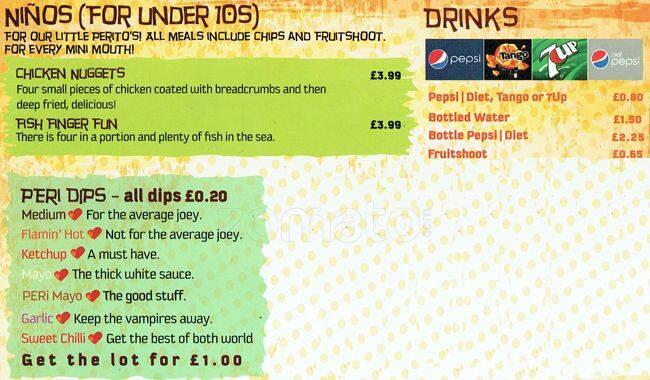 Menu at Peritos Express restaurant, Manchester, 123 Burton Road