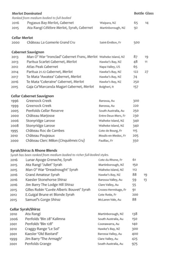 Menu at Logan Brown restaurant, Wellington