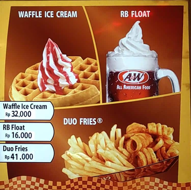 Menu at A&W restaurant, Jakarta, Jl. Senen Raya No.135