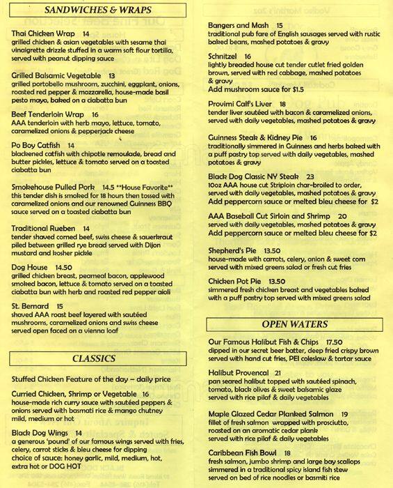 Menu at The Black Dog Pub, Toronto, 87 Island Rd