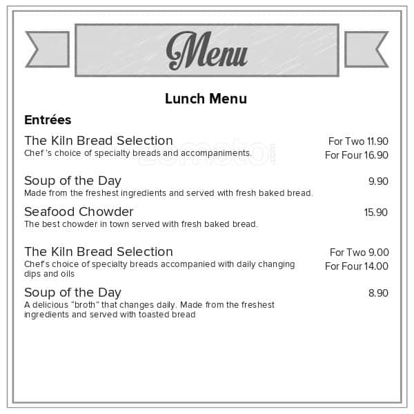 Menu at The Kiln restaurant, Invercargill