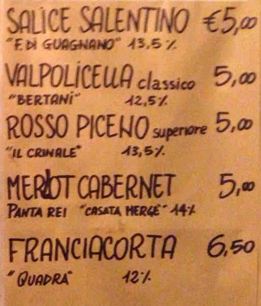 Menu at Barzilai, Rome, Via Panisperna