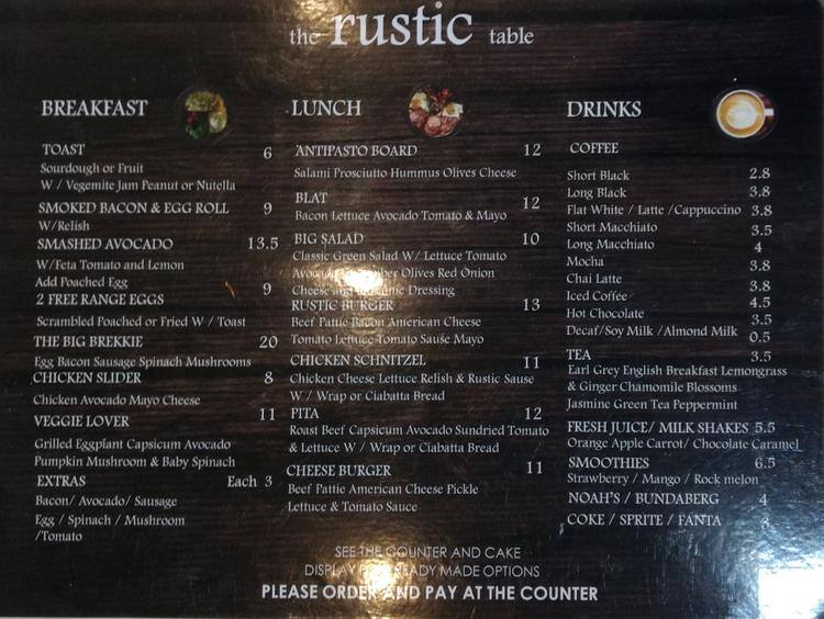 Menu at The Rustic Table cafe, Camberwell