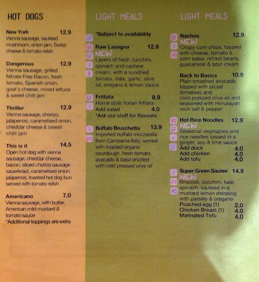 Menu at Argo on the Parade cafe, Adelaide