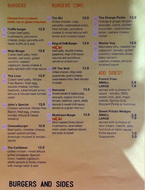 Menu at Argo on the Parade cafe, Adelaide