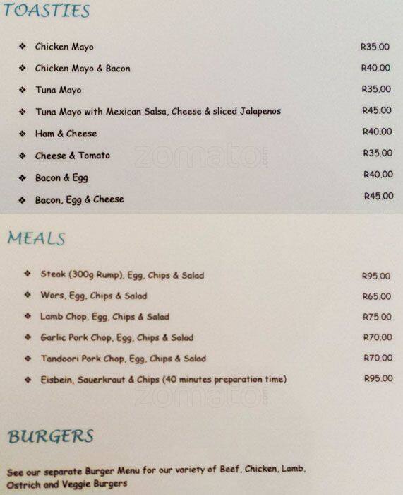 Menu au Our House pub et bar, Hartbeespoort