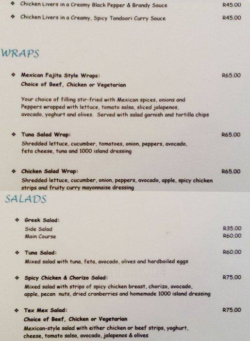 Menu au Our House pub et bar, Hartbeespoort