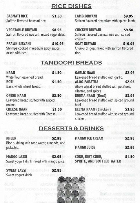 Menu at Punjab Kabab House restaurant, San Francisco