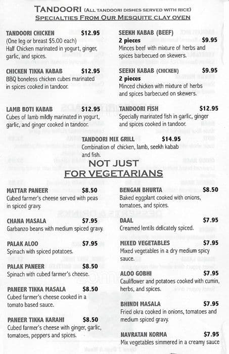 Menu at Punjab Kabab House restaurant, San Francisco