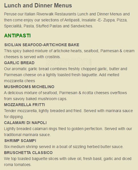 Menu at Michelino's restaurant, San Antonio