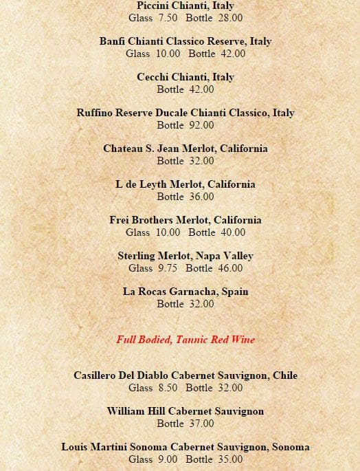 Menu at Michelino's restaurant, San Antonio