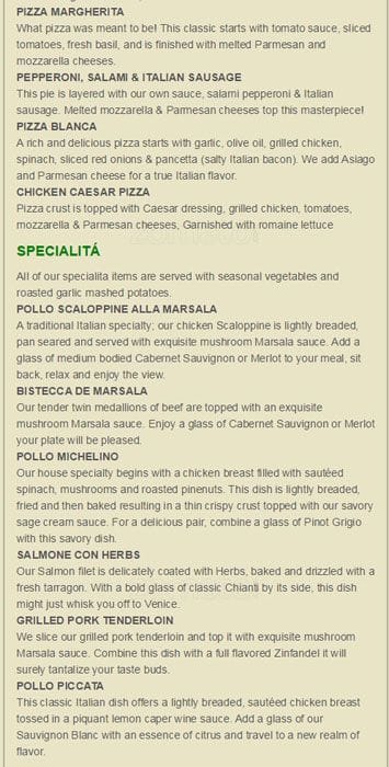 Menu at Michelino's restaurant, San Antonio