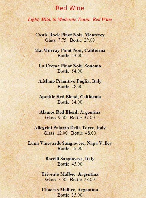 Menu at Michelino's restaurant, San Antonio