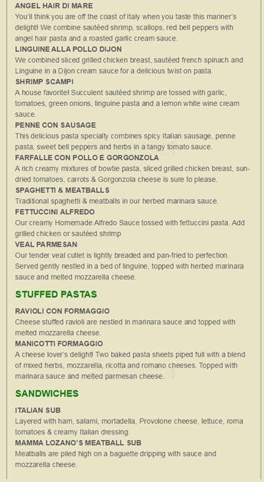 Menu at Michelino's restaurant, San Antonio