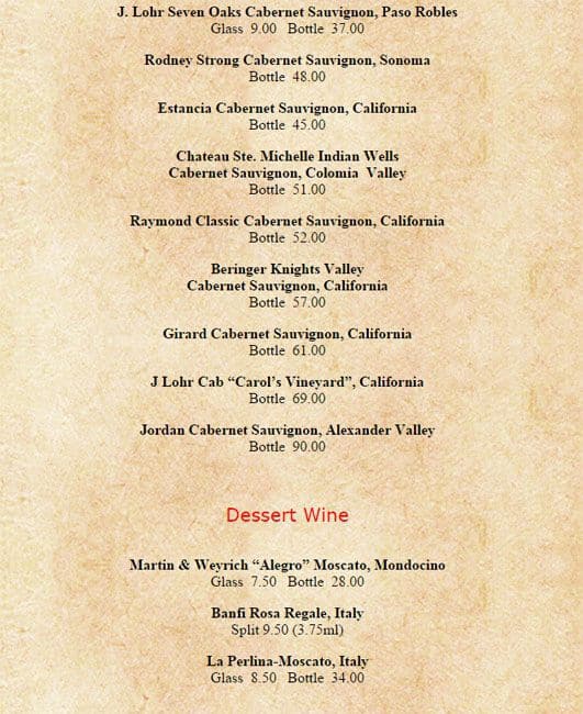 Menu at Michelino's restaurant, San Antonio