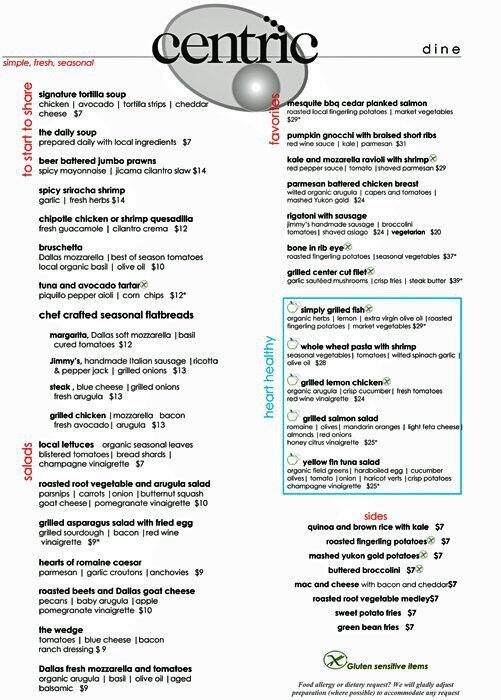 Menu at Centric pub & bar, Dallas