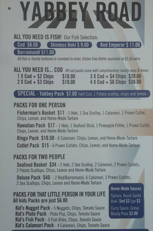 Menu at Yabbey Road restaurant, Redcliffe