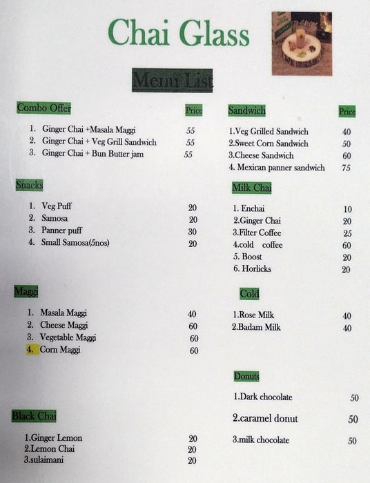 Menu of Chai Glass, Valasaravakkam, Chennai