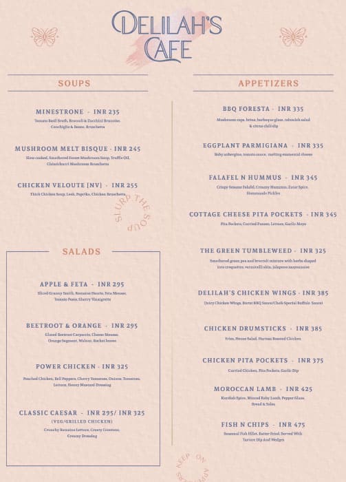 Menu of Delilah's Cafe, Karkardooma, New Delhi