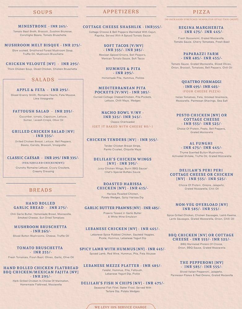 Menu of Delilah's Cafe, Karkardooma, New Delhi