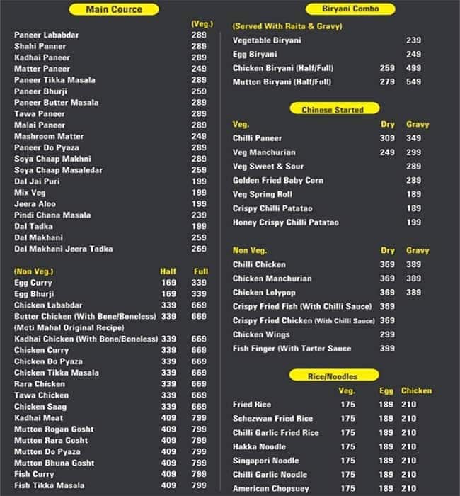 Menu of Moti Mahal Deluxe, Jasola, New Delhi