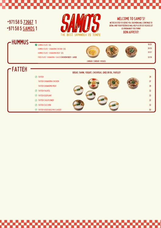 Menu of Samo's, Al Reem Island, Abu Dhabi