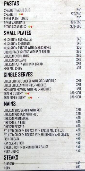 Menu at Outback, Panaji, Colva Beach