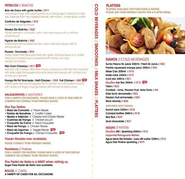 Menu at Pastelaria Bembom restaurant, Johannesburg