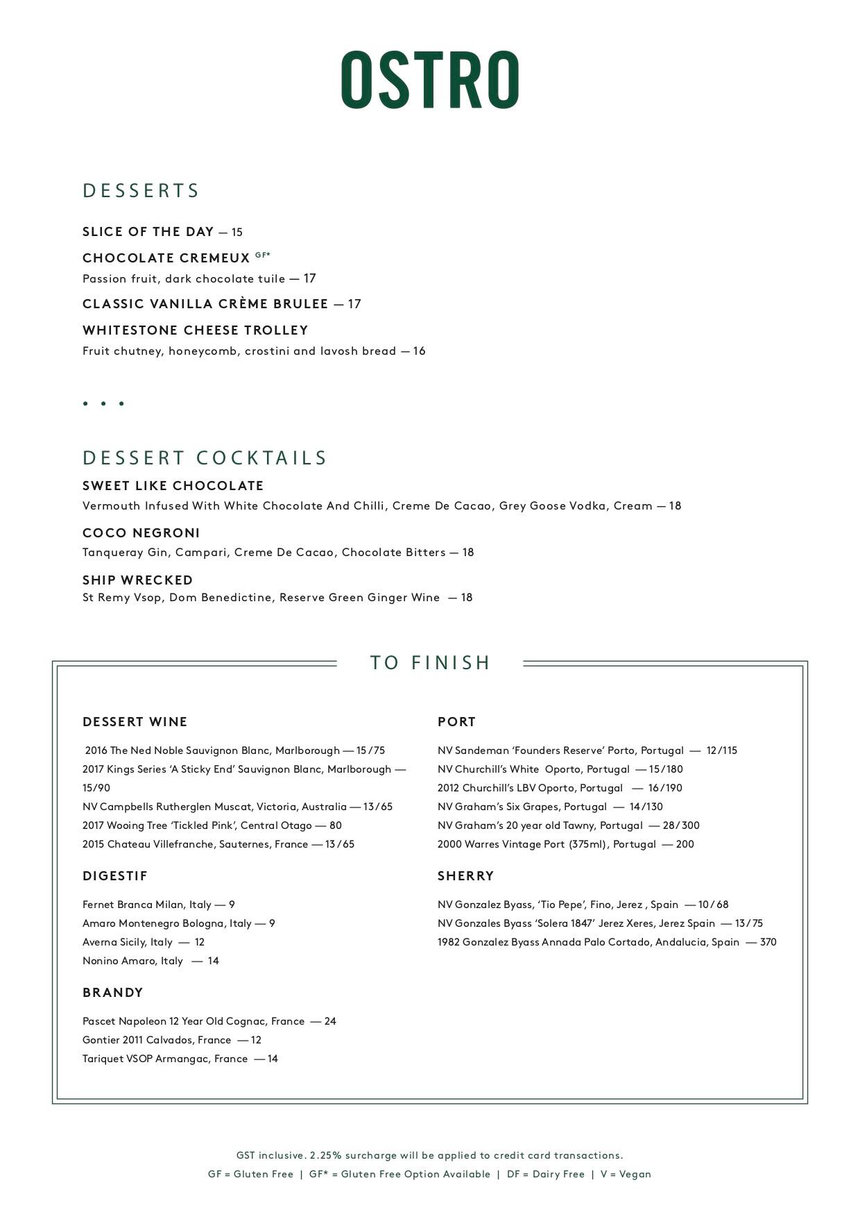 Menu at Ostro Brasserie & Bar, Auckland, 52 Tyler St