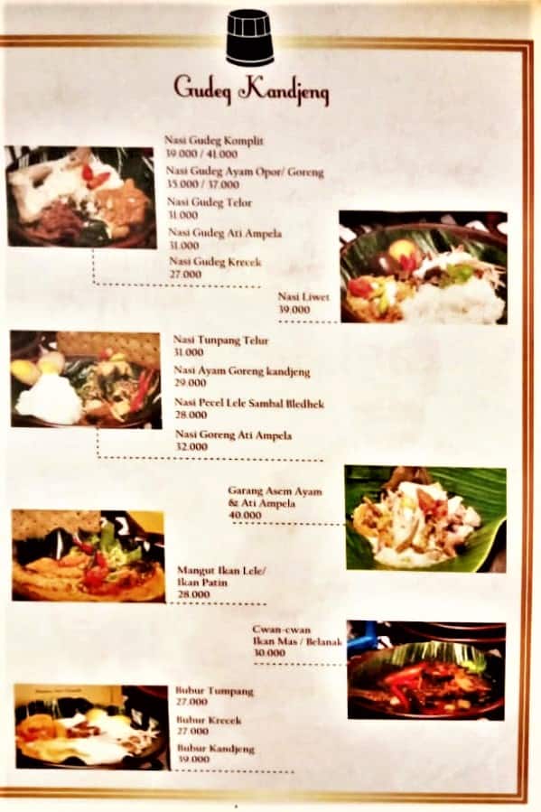 Menu at Gudeg Kandjeng restaurant, Jakarta, Jl. Gatot Subroto No.71