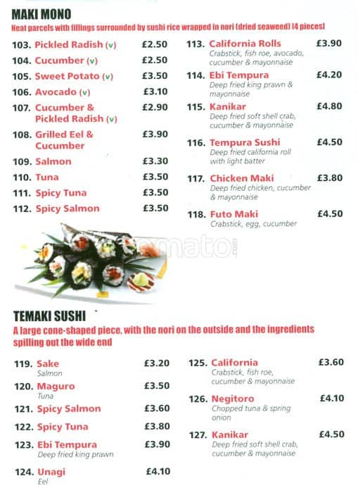 Menu at Nanakusa restaurant, Glasgow