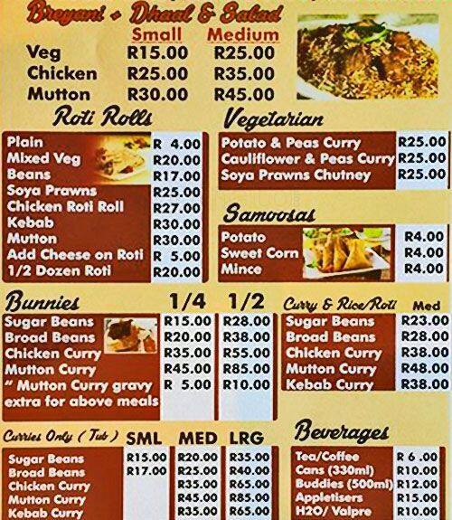Carta del restaurante Morrina's Curry House, Durban