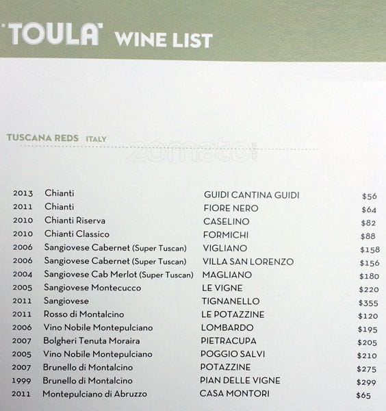 Menu at Toula Bar 34Th Floor Westin Harbour Castle, Toronto