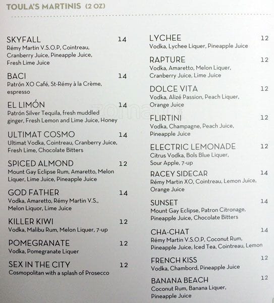 Menu at Toula Bar 34Th Floor Westin Harbour Castle, Toronto
