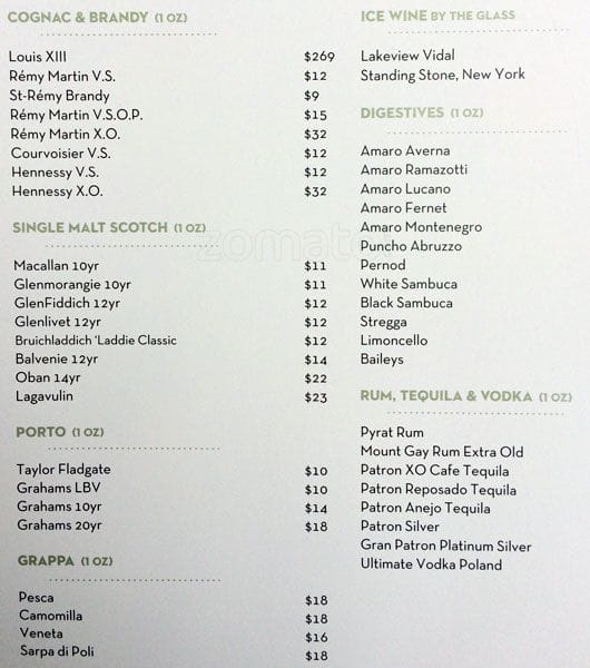 Menu at Toula Bar 34Th Floor Westin Harbour Castle, Toronto