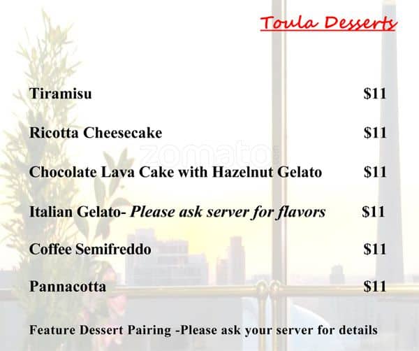 Menu at Toula Bar 34Th Floor Westin Harbour Castle, Toronto