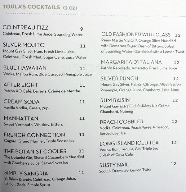 Menu at Toula Bar 34Th Floor Westin Harbour Castle, Toronto