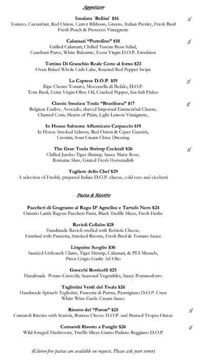 Menu at Toula Bar 34Th Floor Westin Harbour Castle, Toronto