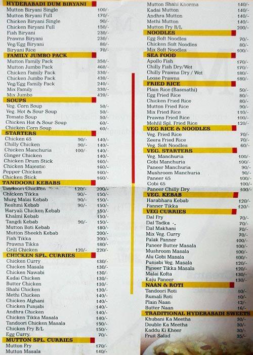 Mehfil Menu, Menu podniku Mehfil, Narayanguda, Hyderabad - Zomato