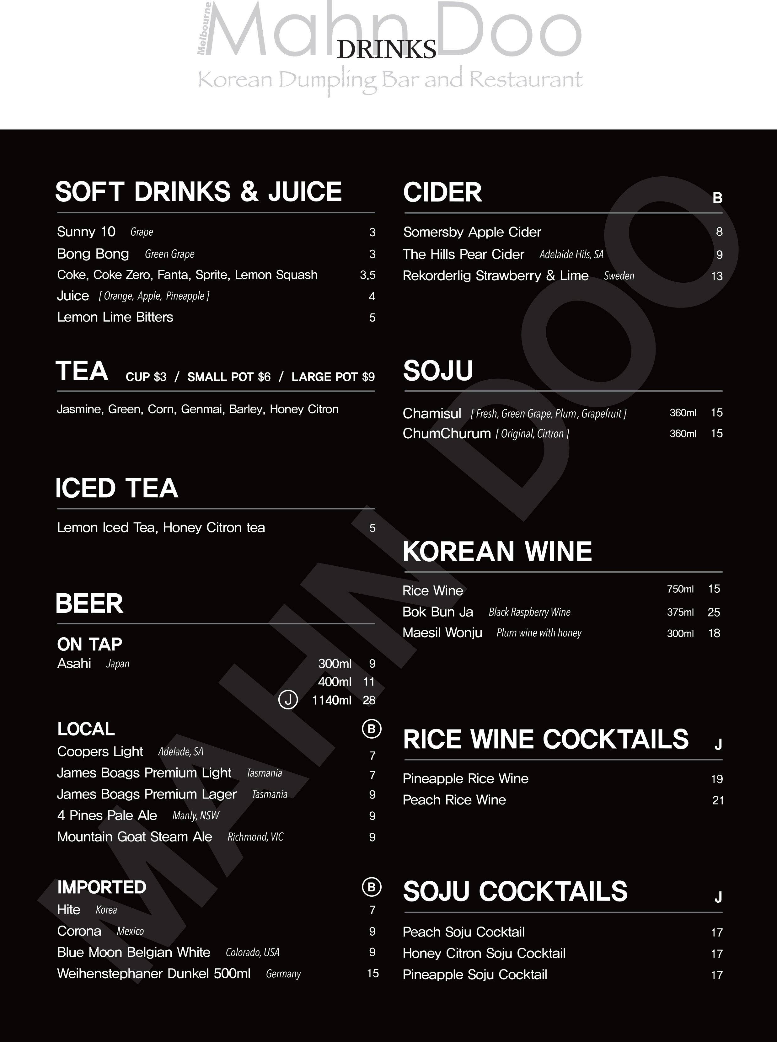 Menu at Mahn Doo restaurant, Melbourne