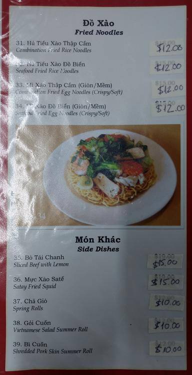 Menu at Pho Cam Linh restaurant, Cabramatta