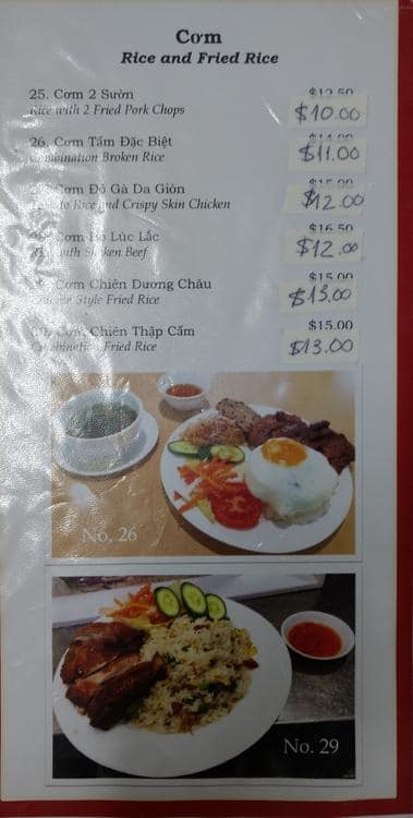 Menu at Pho Cam Linh restaurant, Cabramatta