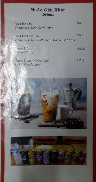 Menu at Pho Cam Linh restaurant, Cabramatta