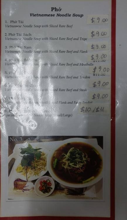 Menu at Pho Cam Linh restaurant, Cabramatta