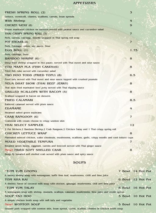 Menu at Thai Select Restaurant, Fort Worth