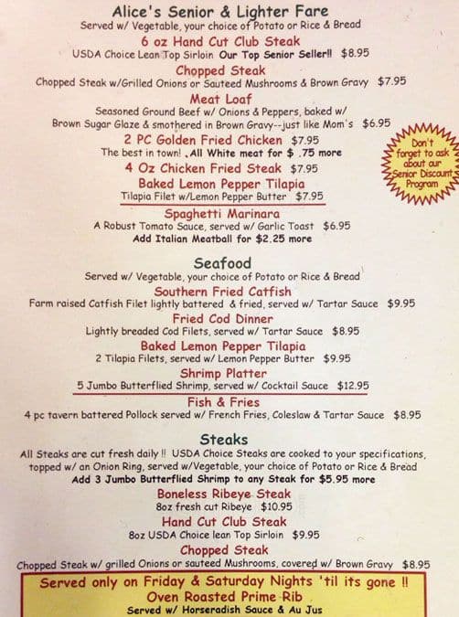 Menu at Aunt Alice's Kitchen restaurant, Longmont